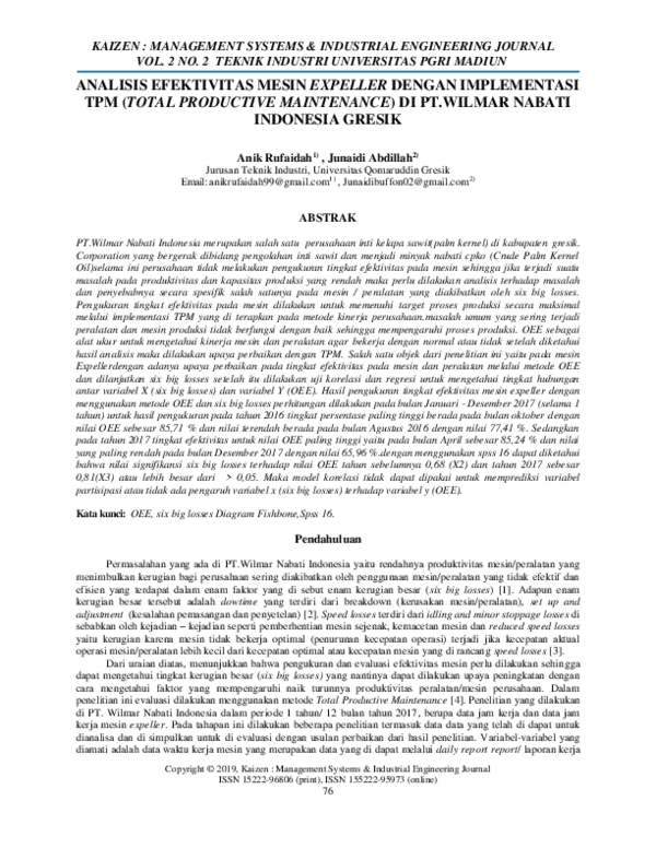 (PDF) Analisis Efektivitas Mesin Expeller Dengan Implementasi TPM ...