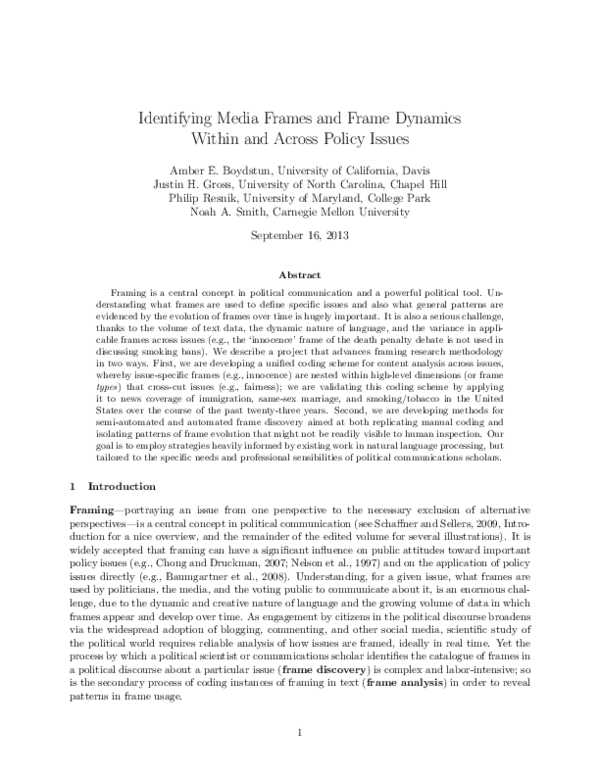 Pdf Identifying Media Frames And Frame Dynamics Within And Across Policy Issues