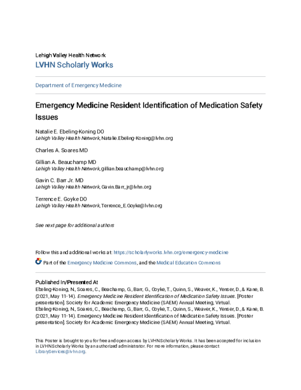 (PDF) Emergency Medicine Resident Identification of Medication Safety ...
