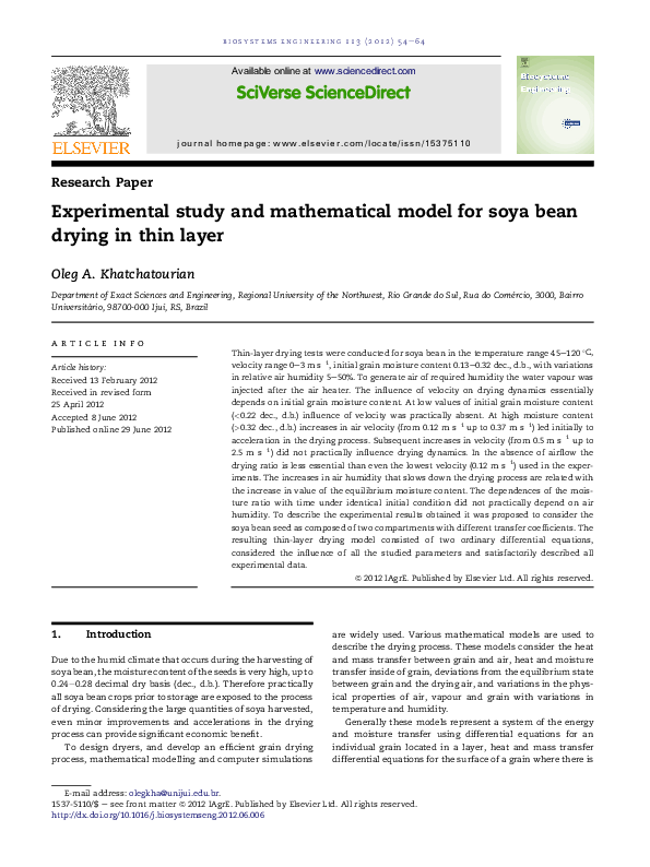 (PDF) Experimental study and mathematical model for soya bean drying in thin layer