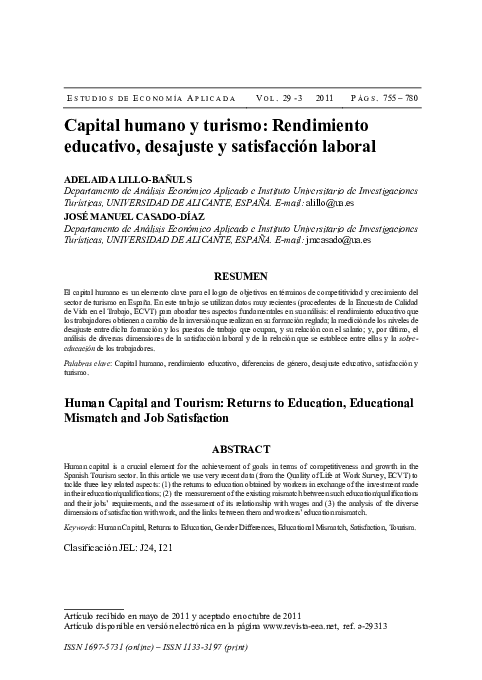 (PDF) Capital humano y turismo: Rendimiento educativo, desajuste y satisfacción laboral ...