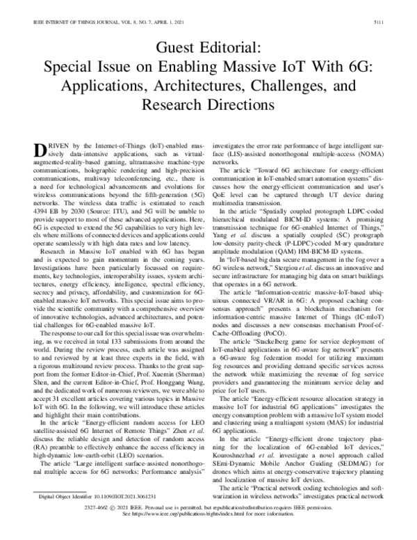(PDF) Guest Editorial: Special Issue on Enabling Massive IoT With 6G: Applications ...