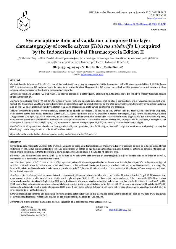 (PDF) System optimization and validation to improve thin-layer chromatography of roselle calyces ...