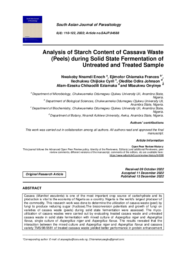 (PDF) Analysis of Starch Content of Cassava Waste (Peels) during Solid State Fermentation of ...