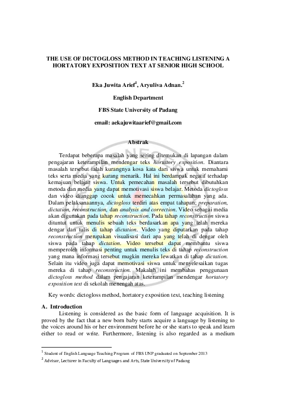 (PDF) The Use of Dictogloss Method in Teaching Listening a Hortatory ...