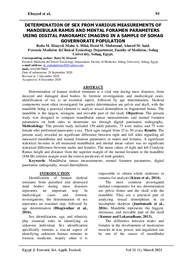 Pdf Determination Of Sex From Various Measurements Of Mandibular Ramus And Mental Foramen