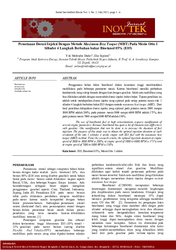 (PDF) Pemetaaan Durasi Injeksi Dengan Metode Maximum Best Torque (MBT) Pada Mesin Otto 1 ...