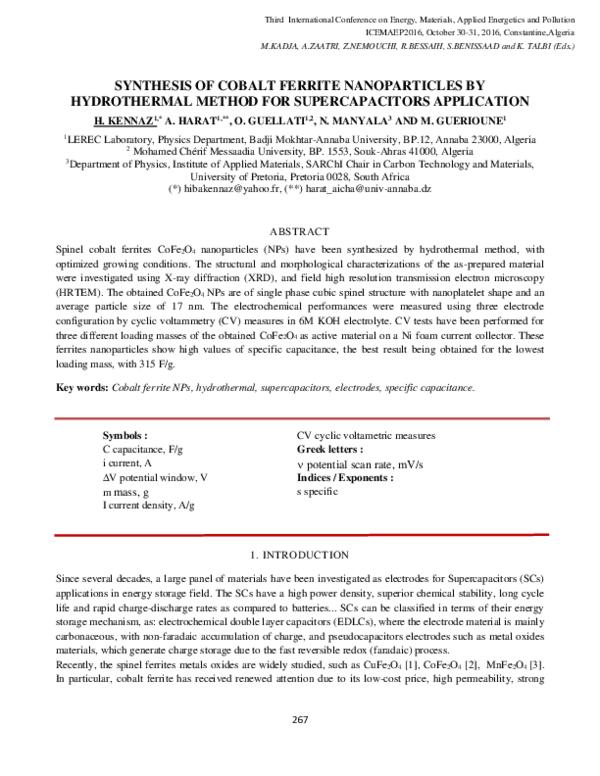 (PDF) Synthesis of Cobalt Ferrite Nanoparticles by Hydrothermal Method for Supercapacitors ...