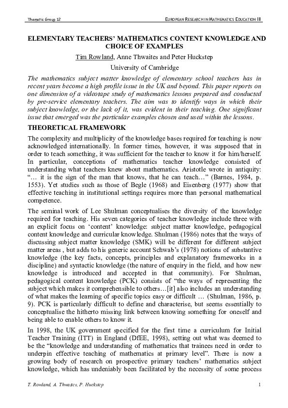(PDF) Elementary Teachers' Mathematics Content Knowledge and Choice of ...