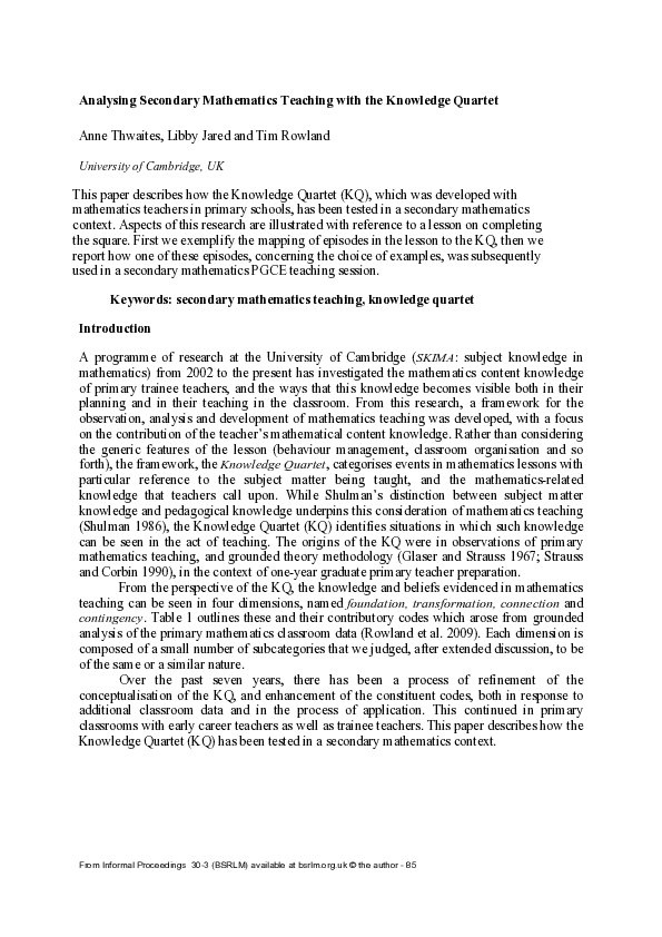Pdf Analysing Secondary Mathematics Teaching With The Knowledge Quartet