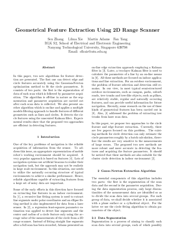 (PDF) Geometrical feature extraction using 2D range scanner
