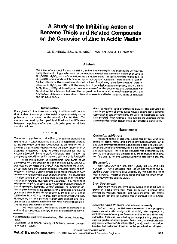 (PDF) A Study of the Inhibiting Action of Benzene Thiols and Related ...