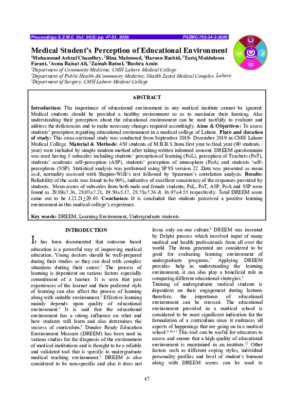 (PDF) Medical Student’s Perception of Educational Environment (PDF) Medical Student’s Perception of Educational Environment