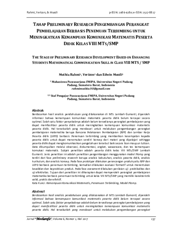 (PDF) Tahap Preliminary Research Pengembangan Perangkat Pembelajaran Berbasis Penemuan ...