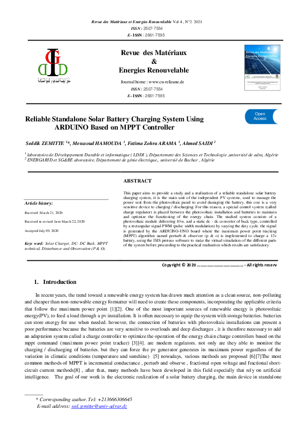Pdf Reliable Standalone Solar Battery Charging System Using Arduino Based On Mppt Controller