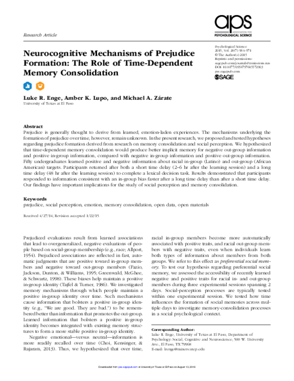 (PDF) Neurocognitive Mechanisms of Prejudice Formation: The Role of Time-Dependent Memory ...