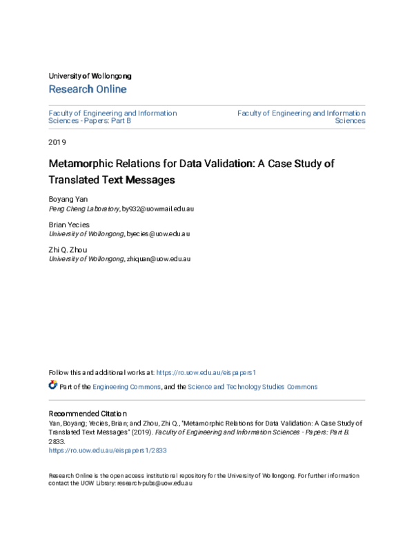 (PDF) Metamorphic Relations for Data Validation: A Case Study of Translated Text Messages ...