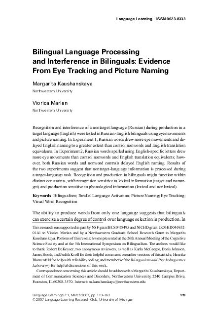 (PDF) Bilingual Language Processing and Interference in Bilinguals: Evidence From Eye Tracking ...