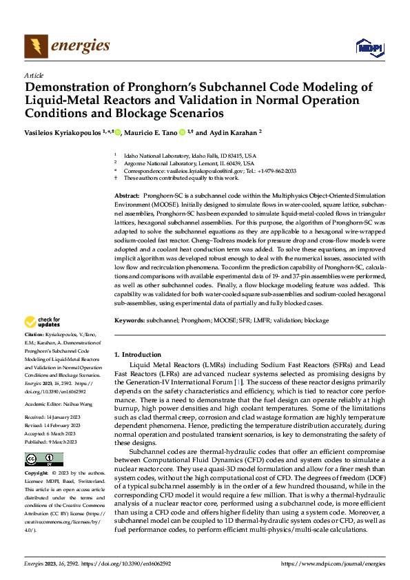 (PDF) Demonstration of Pronghorn’s Subchannel Code Modeling of Liquid ...