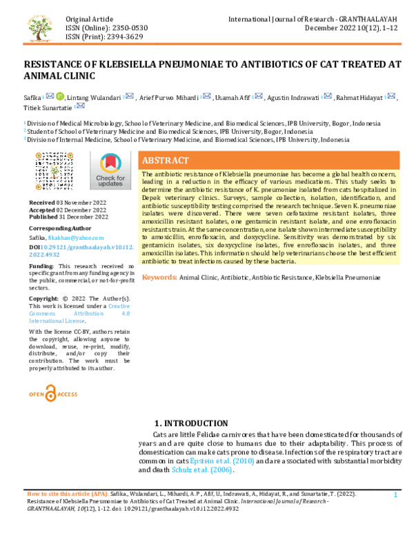(PDF) Resistance of Klebsiella Pneumoniae to Antibiotics of Cat Treated at Animal Clinic