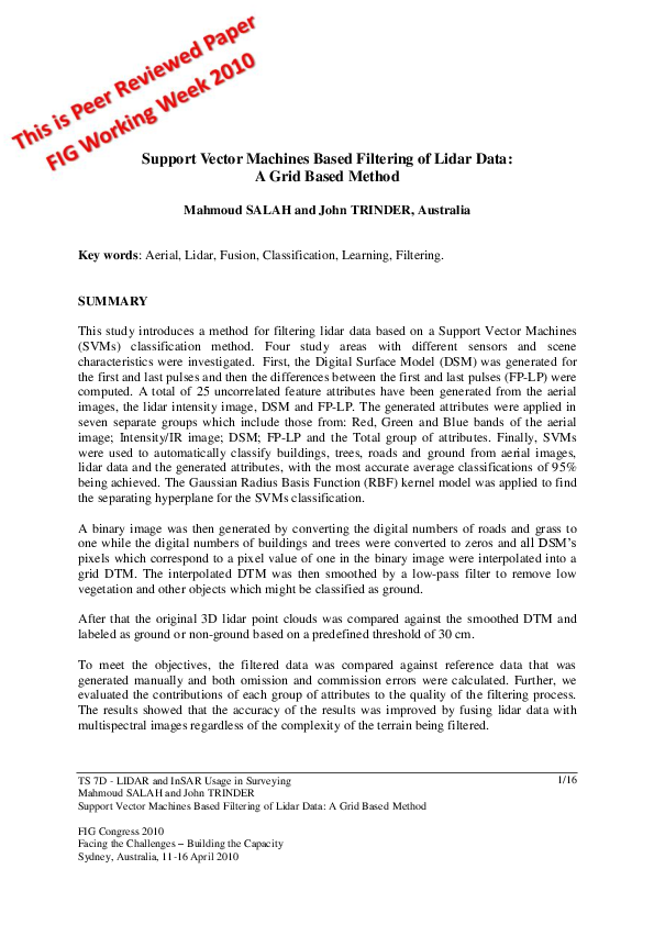 (PDF) Support Vector Machines Based Filtering of Lidar Data