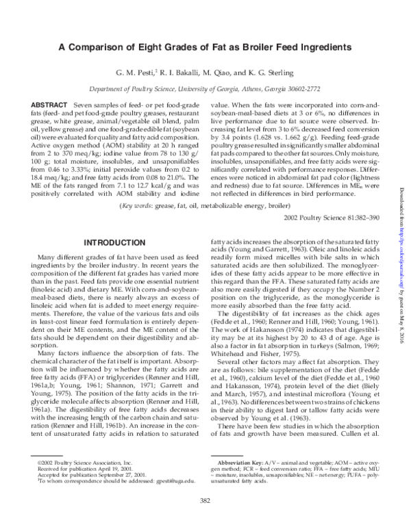 (PDF) A Comparison of Eight Grades of Fat as Broiler Feed Ingredients