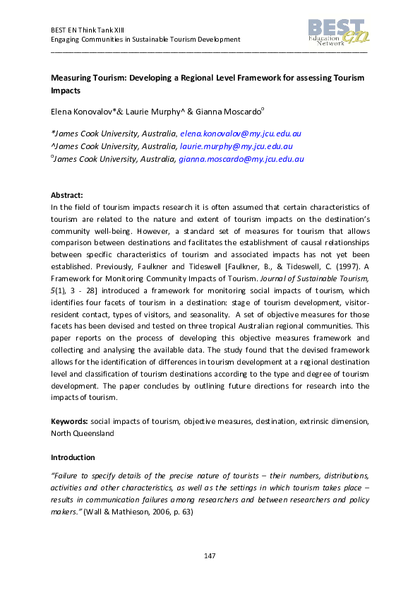 (PDF) Measuring Tourism: Developing a Regional Level Framework for ...