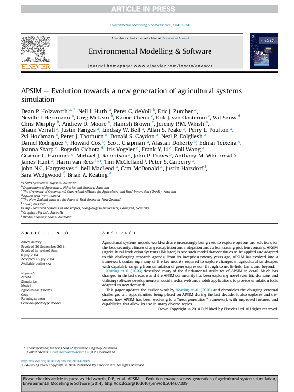(PDF) APSIM – Evolution towards a new generation of agricultural ...