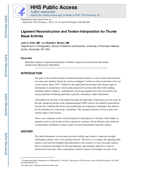 (PDF) Ligament Reconstruction and Tendon Interposition for Thumb Basal ...
