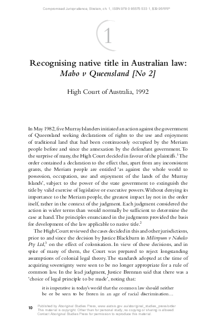 (PDF) Recognising Native Title in Australian Law : Mabo v Queensland ...