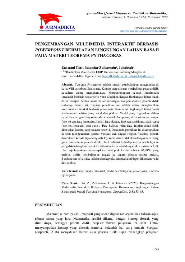 Pengembangan Multimedia Interaktif Berbasis Powerpoint Bermuatan Lahan Basah Pada Materi Teorema ...