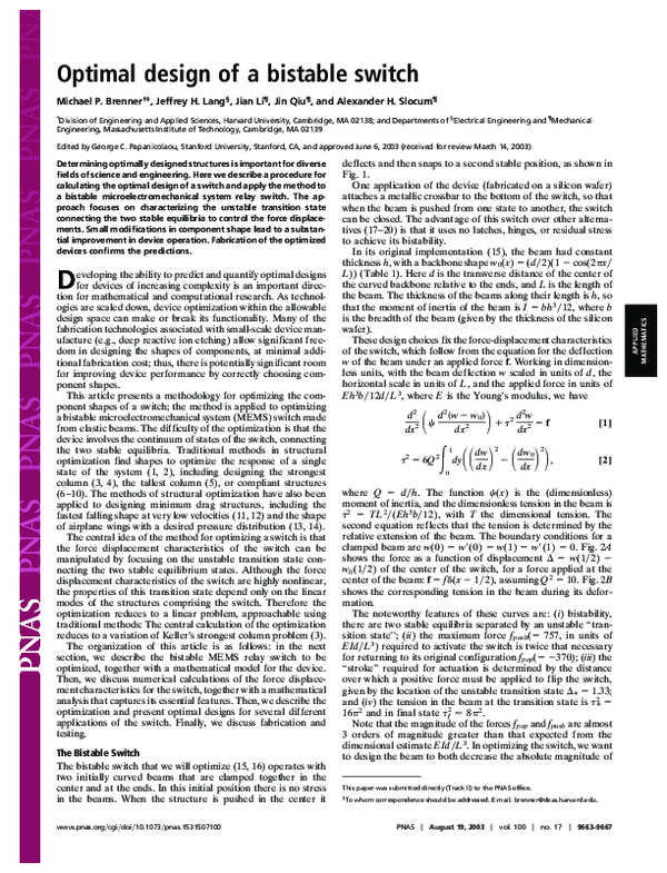 (PDF) Optimal design of a bistable switch (PDF) Optimal design of a bistable switch