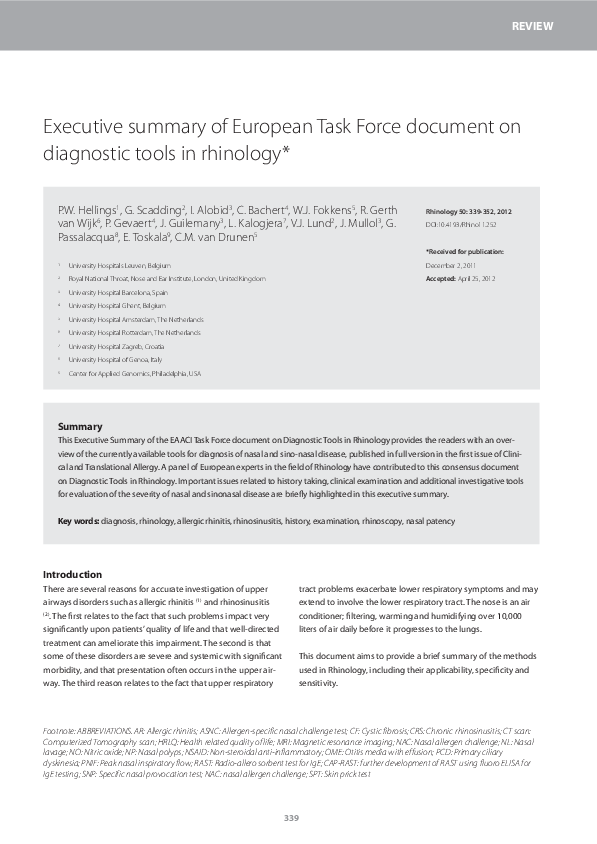 (PDF) Executive summary of European Task Force document on diagnostic ...