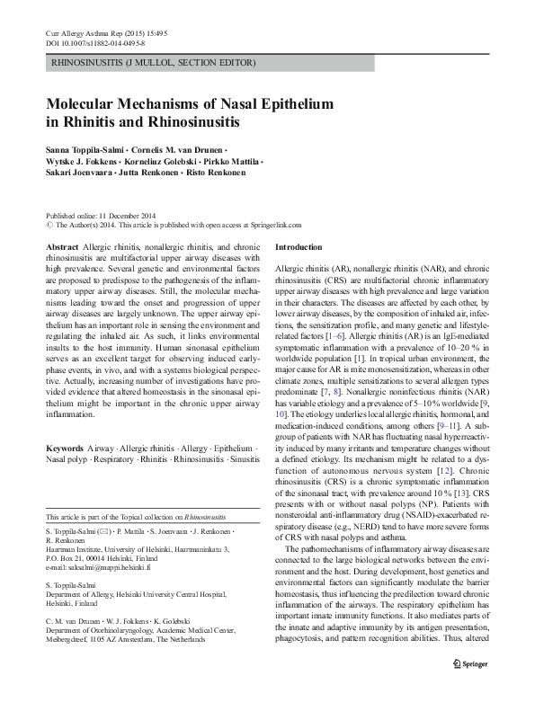 (PDF) Molecular mechanisms of nasal epithelium in rhinitis and ...