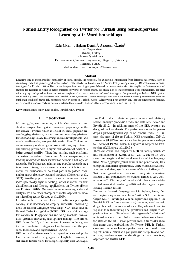 (PDF) Named Entity Recognition on Twitter for Turkish using Semi-supervised Learning with Word ...