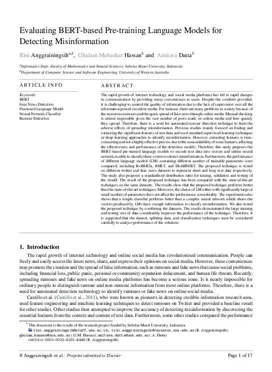 (PDF) Evaluating BERT-based Pre-training Language Models for Detecting Misinformation