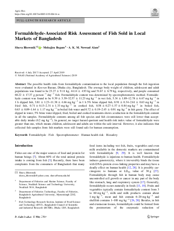 (PDF) Formaldehyde-Associated Risk Assessment of Fish Sold in Local ...