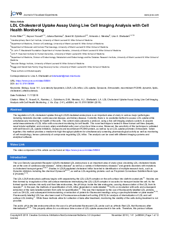 (PDF) LDL Cholesterol Uptake Assay Using Live Cell Imaging Analysis ...