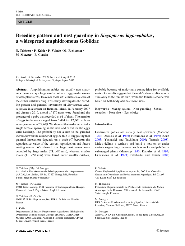 (PDF) Breeding pattern and nest guarding in Sicyopterus lagocephalus, a ...