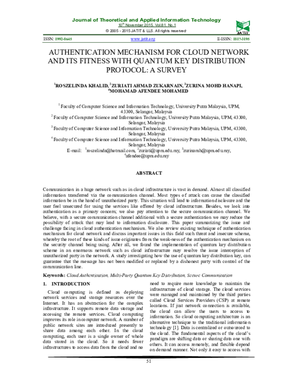 (PDF) Authentication Mechanism for Cloud Network and Its Fitness with Quantum Key Distribution ...