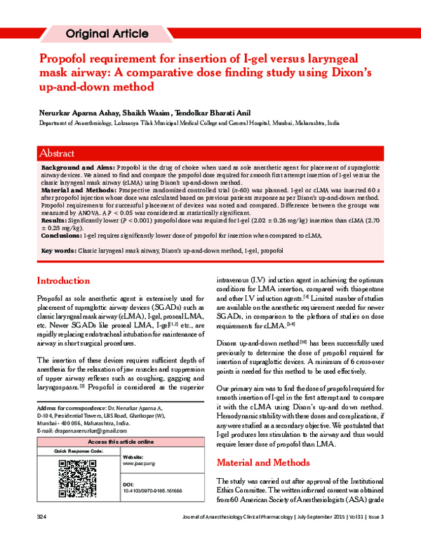(PDF) Propofol requirement for insertion of I-gel versus laryngeal mask ...