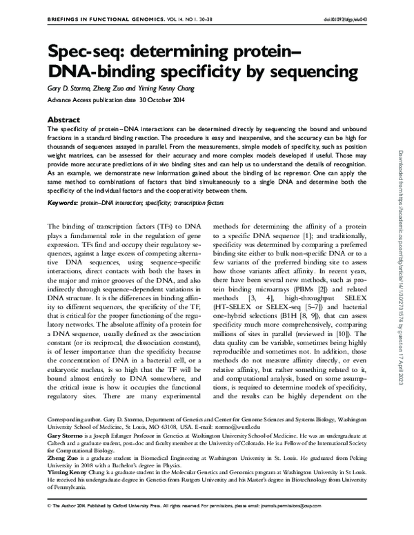 (PDF) Spec-seq: determining protein-DNA-binding specificity by sequencing