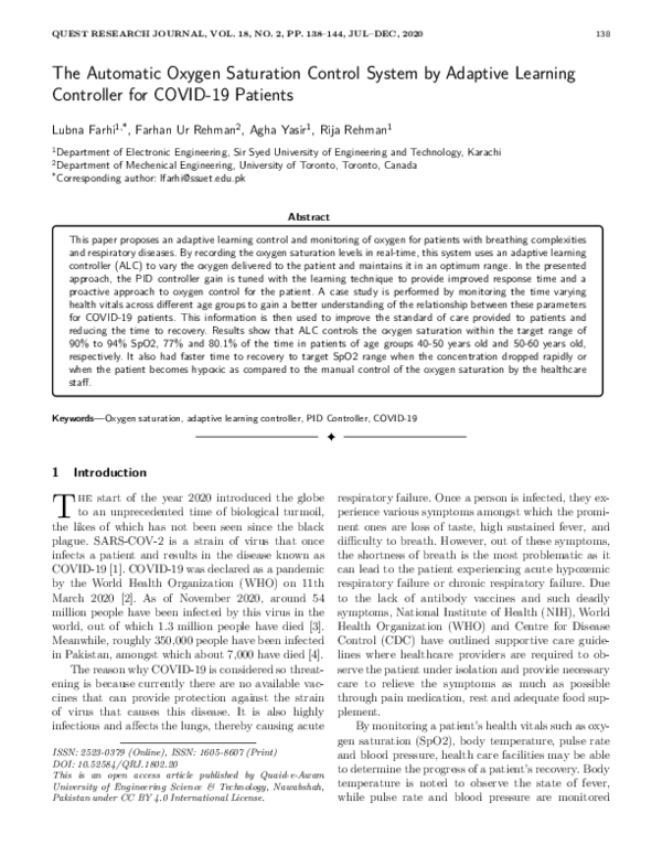 (PDF) The Automatic Oxygen Saturation Control System by Adaptive Learning Controller for COVID ...