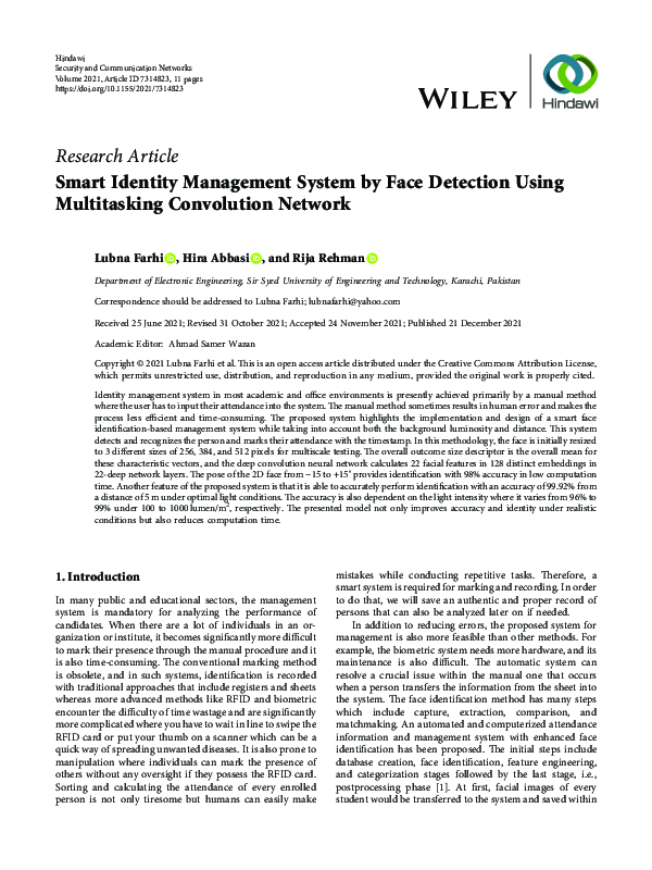 (PDF) Smart Identity Management System by Face Detection Using Multitasking Convolution Network