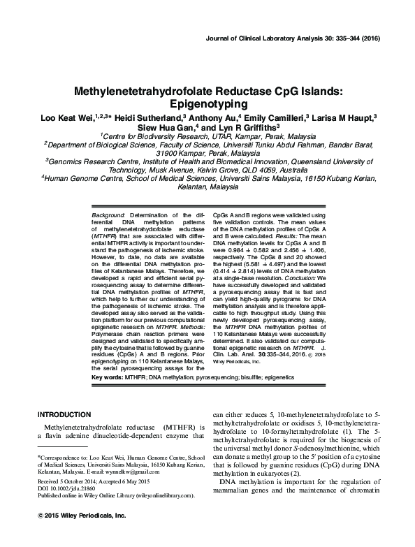 (PDF) Methylenetetrahydrofolate Reductase CpG Islands: Epigenotyping