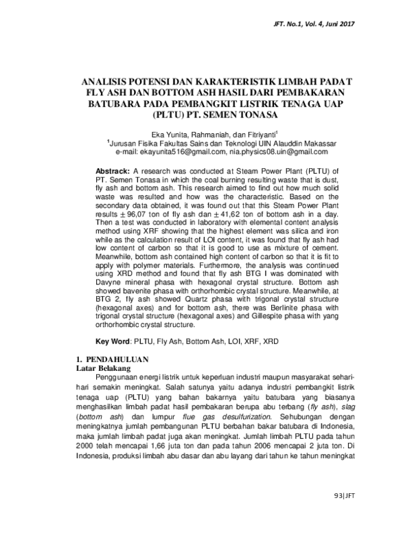 (PDF) Analisis Potensi Dan Karakteristik Limbah Padat Fly Ash Dan Bottom Ash Hasil Dari ...