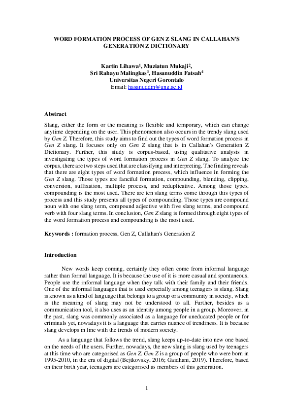 (PDF) Word Formation Process of Gen Z Slang in Callahan's Generation Z ...