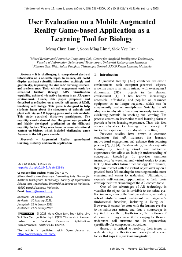 (PDF) User Evaluation on a Mobile Augmented Reality Game-based Application as a Learning Tool ...
