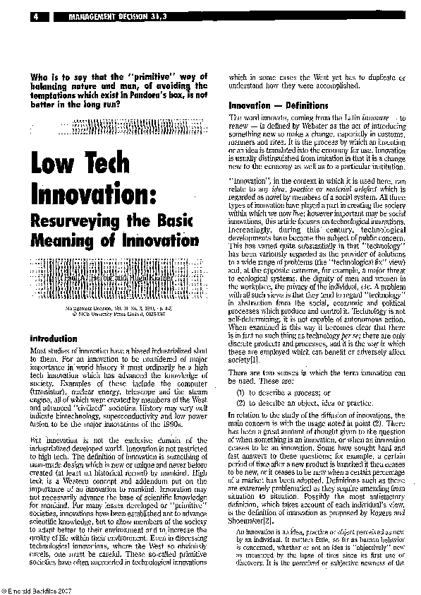 (PDF) Low Tech Innovation: Resurveying the Basic Meaning of Innovation