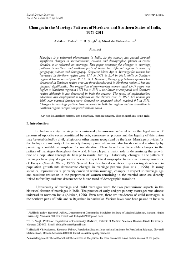 (PDF) Changes in the Marriage Patterns of Northern and Southern States ...